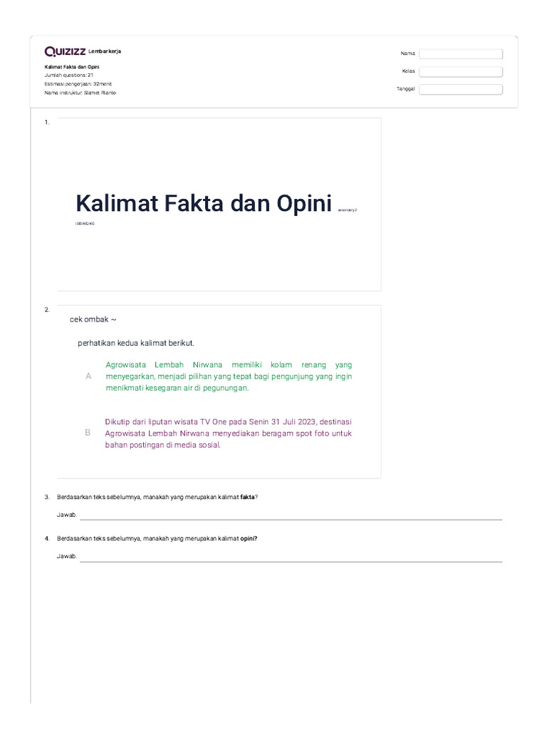 Kalimat Fakta Dan Opini - Quizizz | PDF | Perjalanan
