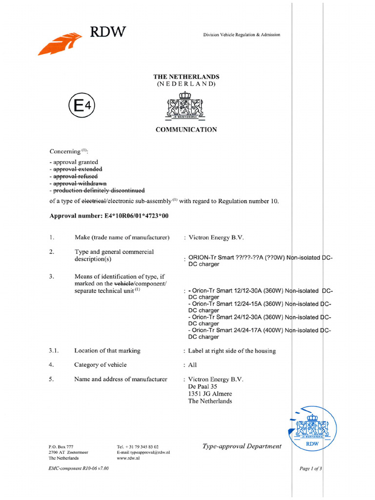 Certificate Automotive ECE R10 6 4723 Orion TR Smart Non Isolated DC DC ...