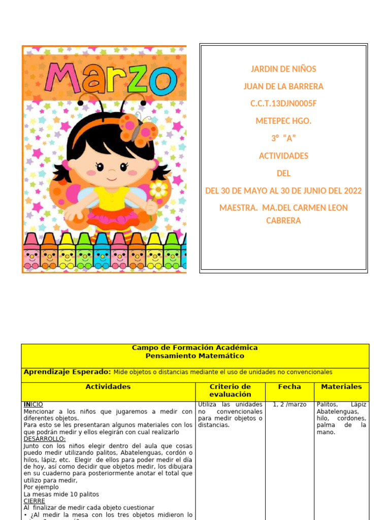 Planeacion Mes de Marzo | PDF | Evaluación | Lápiz