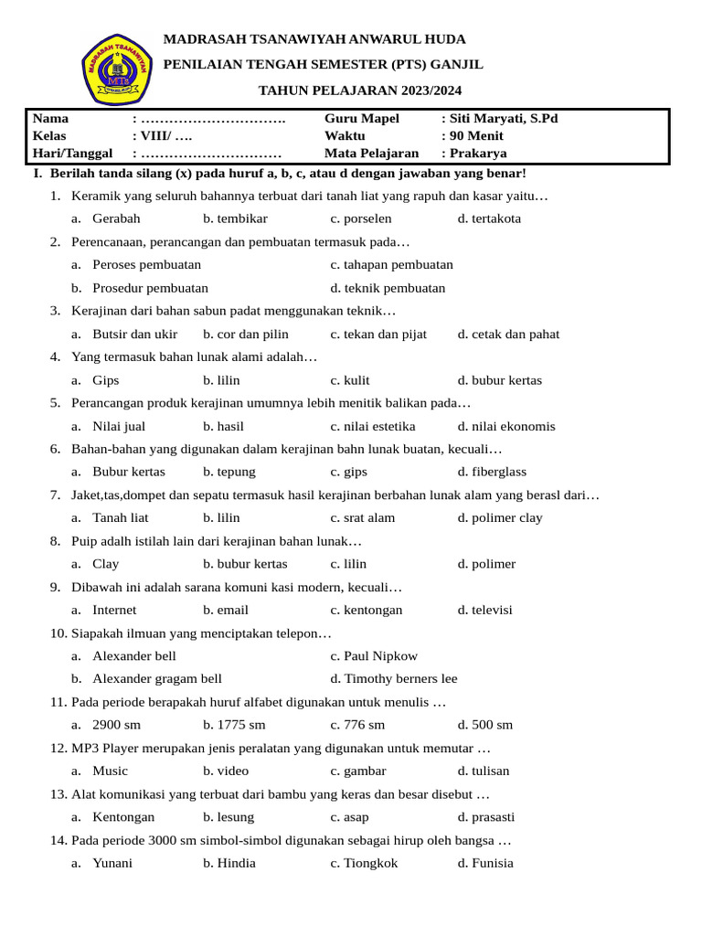 Soal PTS Prakarya 8 2023-2024 | PDF