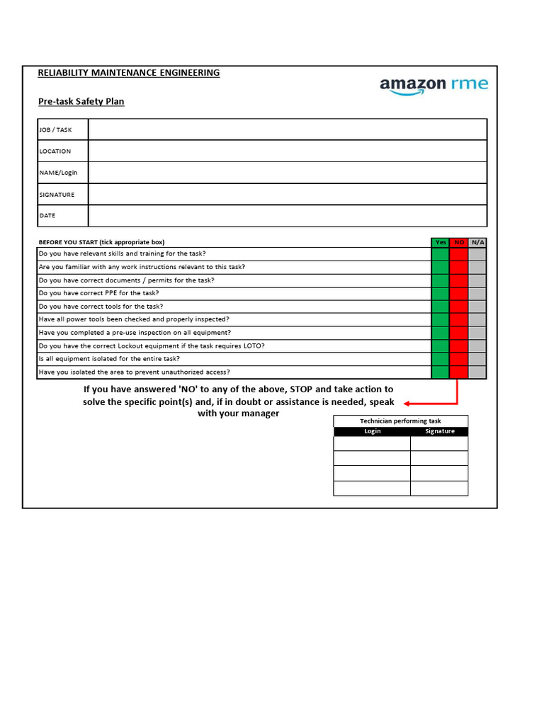 Reliability Maintenance Engineering Pre-Task Safety Plan | PDF ...