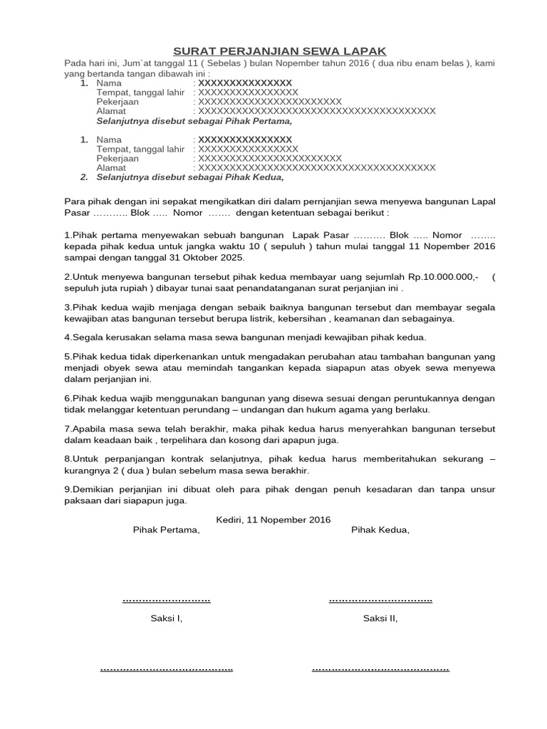 Surat Perjanjian Sewa Lapak | PDF