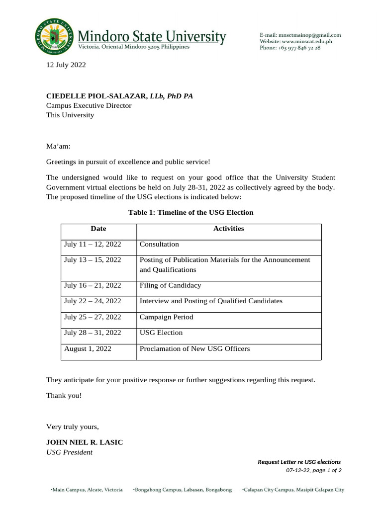 Request Letter For USG Elections | PDF