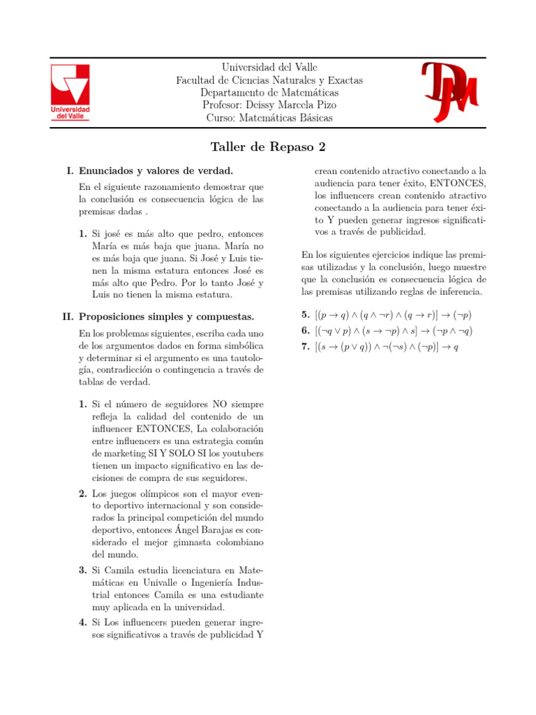 Taller de Repaso 2 | PDF | Lógica | Proposición