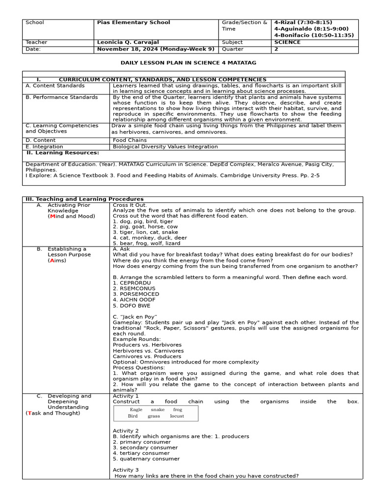 Week 9 DLP Matatag Science Grade 4 Quarter 2 | PDF | Food Web | Foods