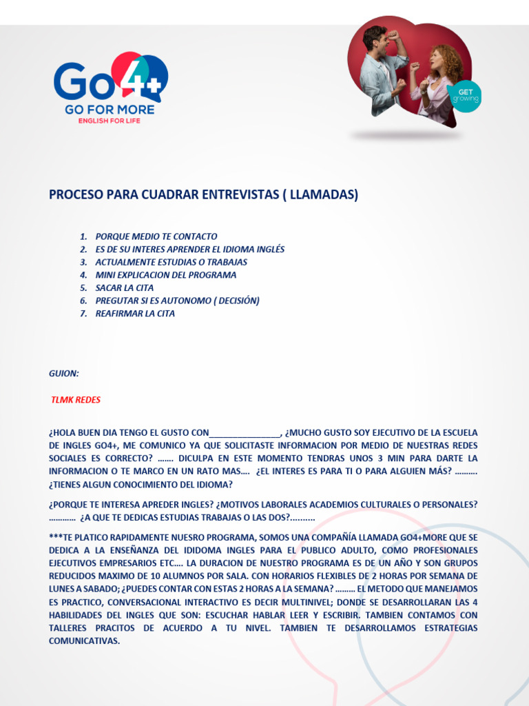 Guión Llamadas Go4+ Proyect Mty | PDF | Crecimiento personal y profesional