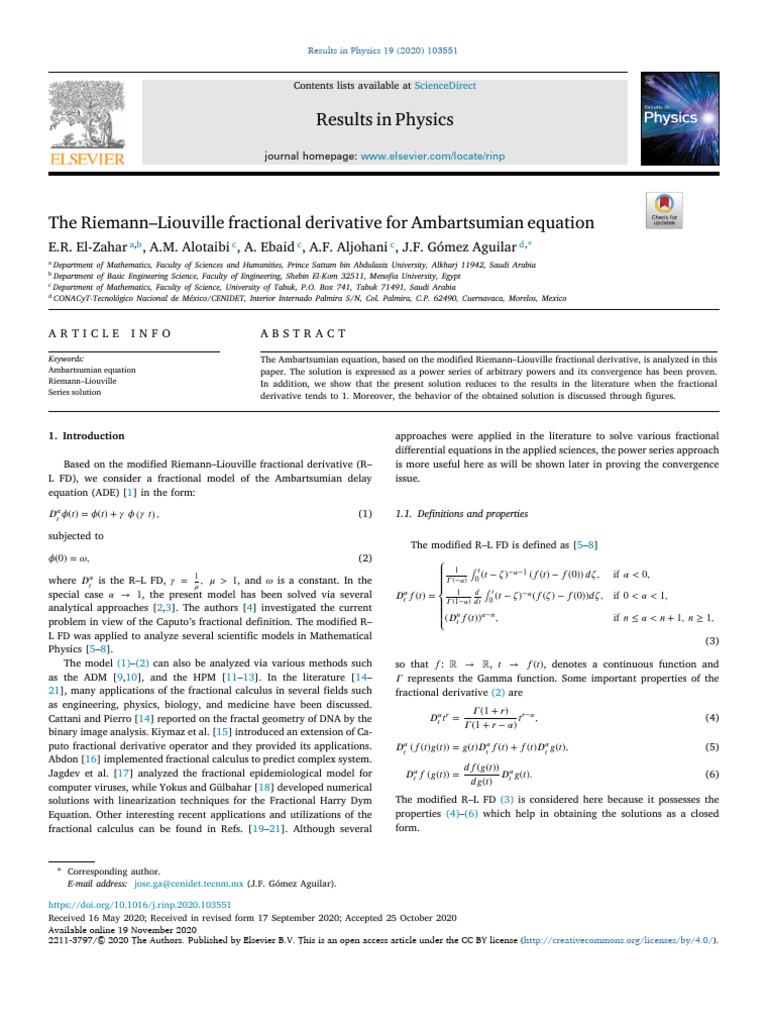 Riemann Liouville Derivative In Ambartsumian Equation Pdf Mathematical Analysis Mathematics