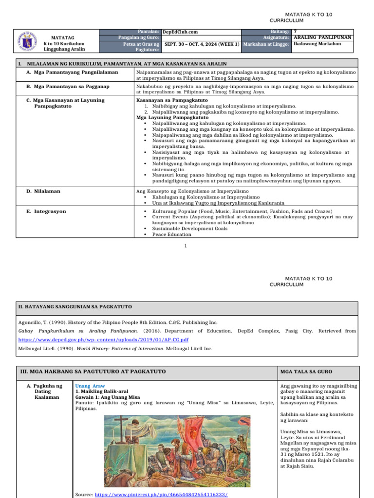DLL Matatag - Araling Panlipunan 7 Q2 W1 | PDF