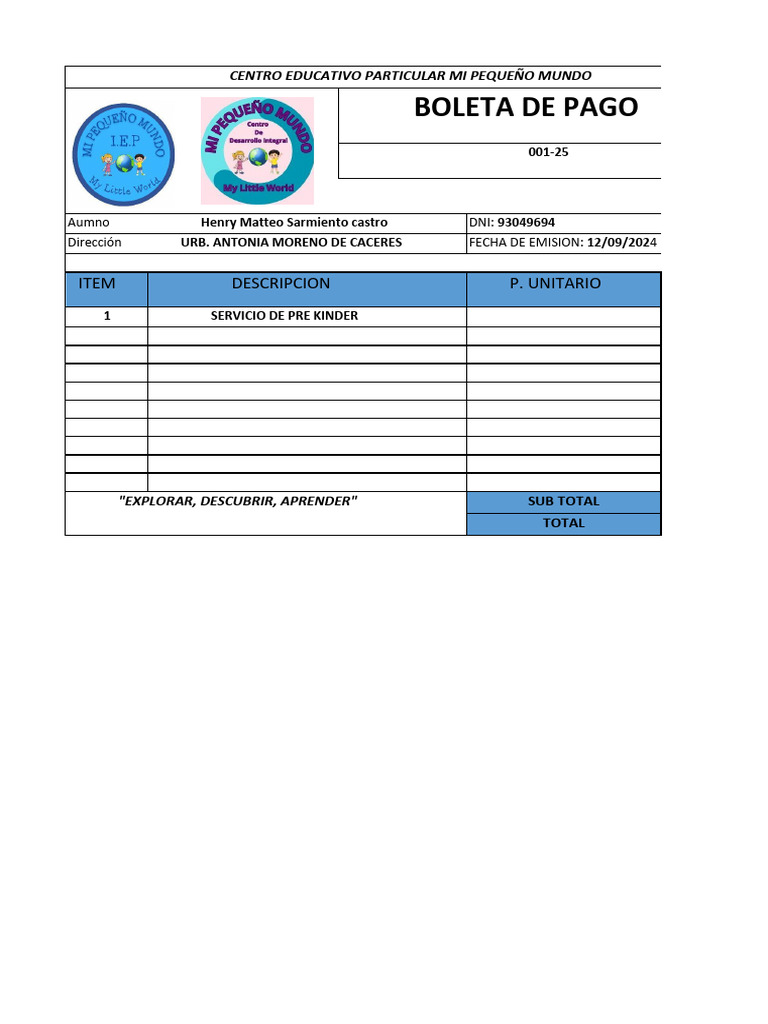 Boleta de Pago Pre Kinder 2024 | PDF