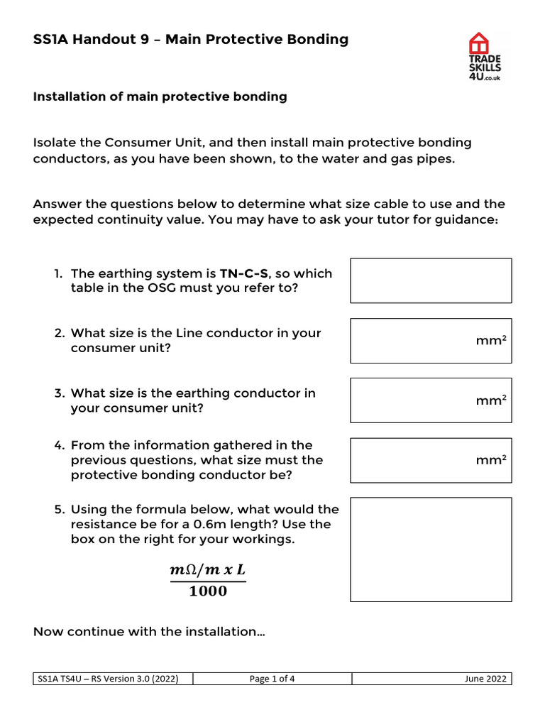 SS1A Handout 9 - Main Protective Bonding (Worksheet Extension Task ...