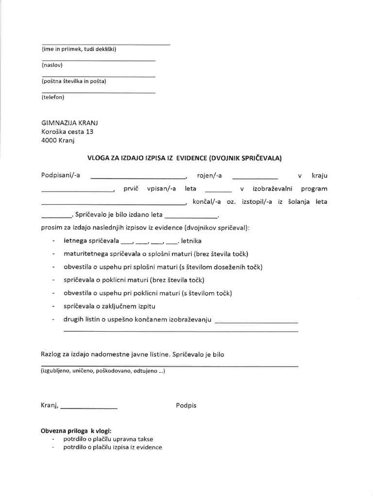 Vloga Za Izdajo Izpisa Iz Evidence (Dvojnik Spričevala) | PDF