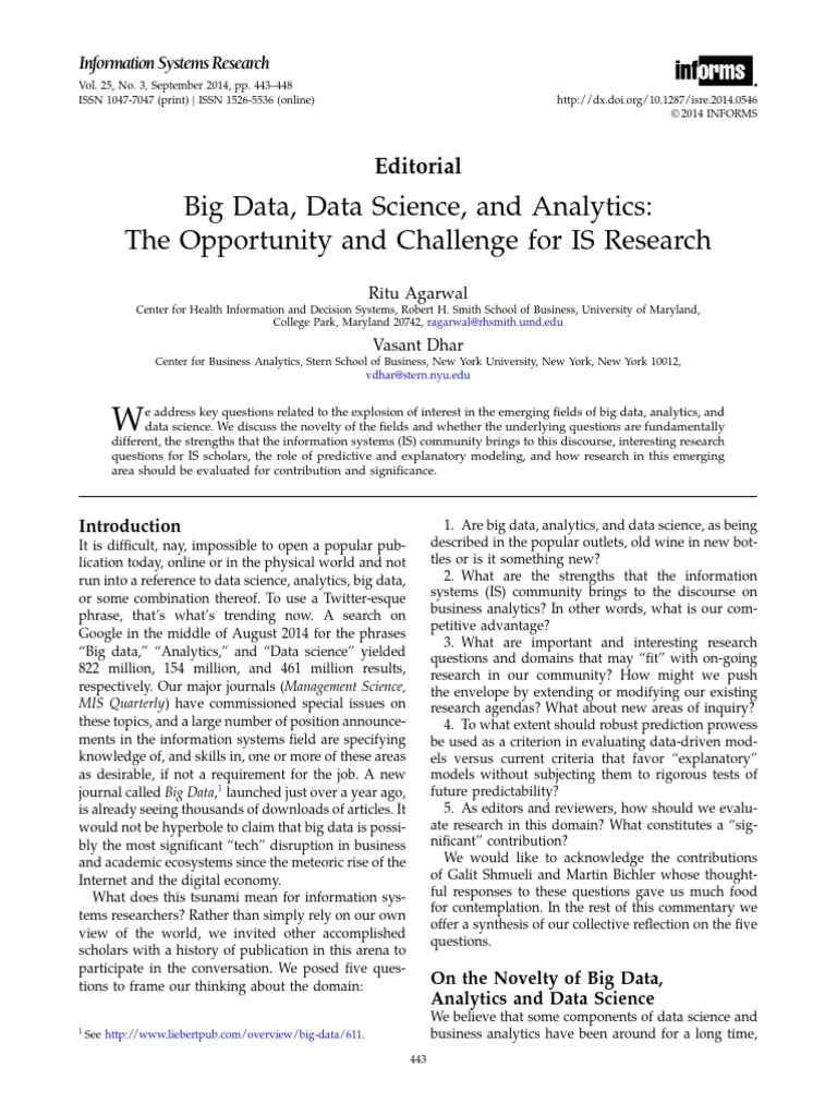 Agarwal Dhar 2014 Editorial Big Data Data Science and Analytics The Opportunity and Challenge ...