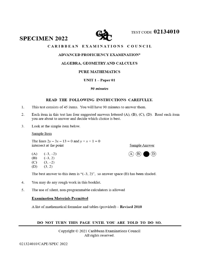 CAPE Pure Mathematics NEW Syllabus & Specimen Papers | PDF