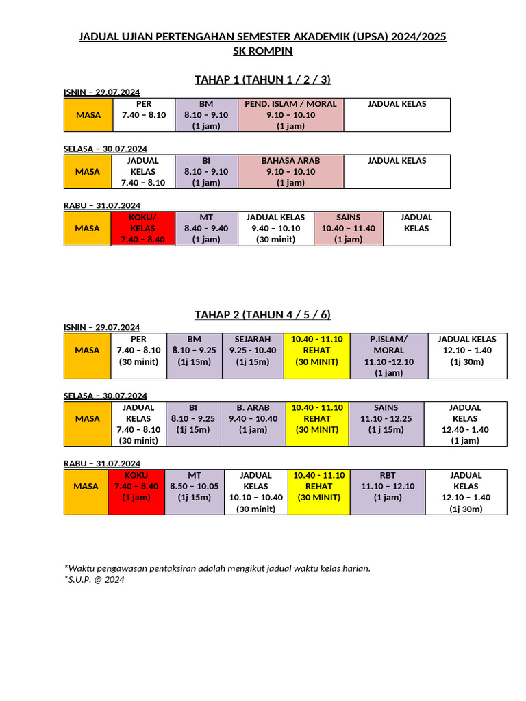 Jadual UPSA Julai 2024 - TAHAP 1 & 2 | PDF