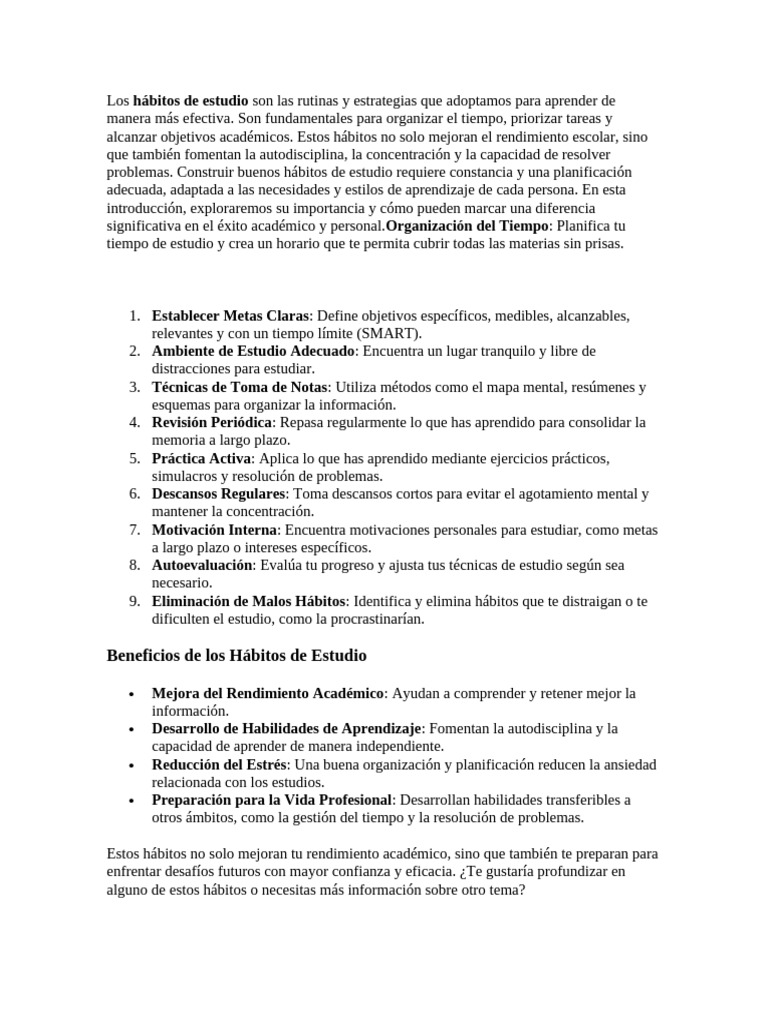 Hábitos de Estudio para el Éxito Académico | PDF | Aprendizaje ...