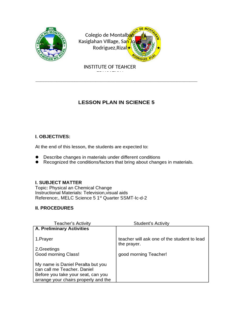 Science Lesson Plan: Changes in Materials | PDF | Matter | Chemical ...