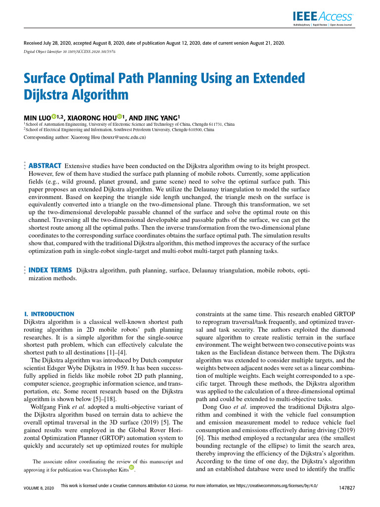 Surface Optimal Path Planning Using An Extended Dijkstra Algorithm Pdf Theoretical Computer