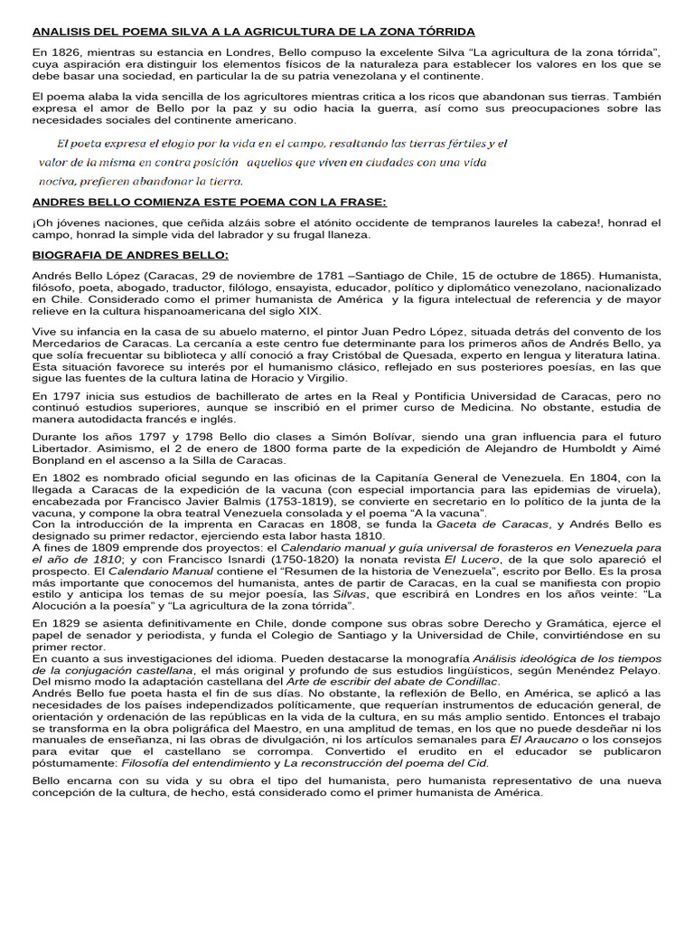 Analisis Del Poema Silva A La Agricultura de La Zona Tórrida | PDF ...