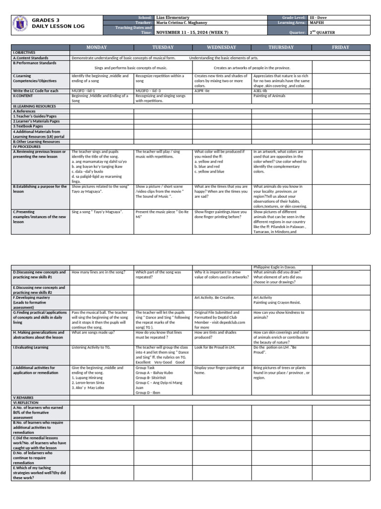 DLL - Mapeh 3 - Q2 - W7 | PDF | Learning | Behavior Modification