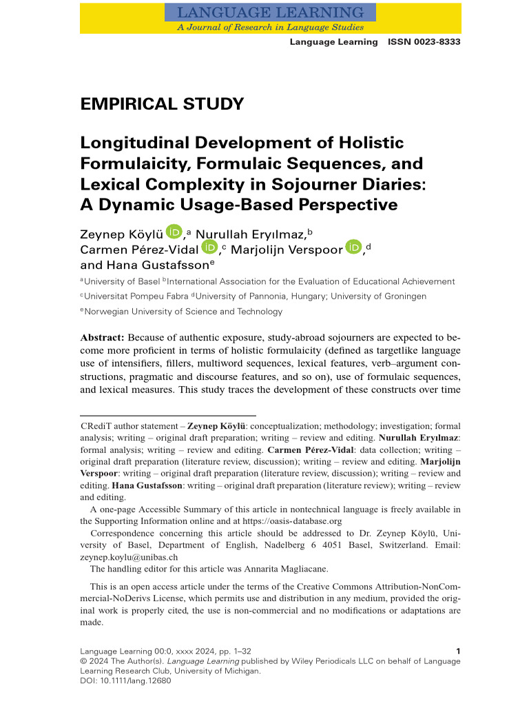 Language Learning - 2024 - Köylü - Longitudinal Development of Holistic Formulaicity Formulaic ...