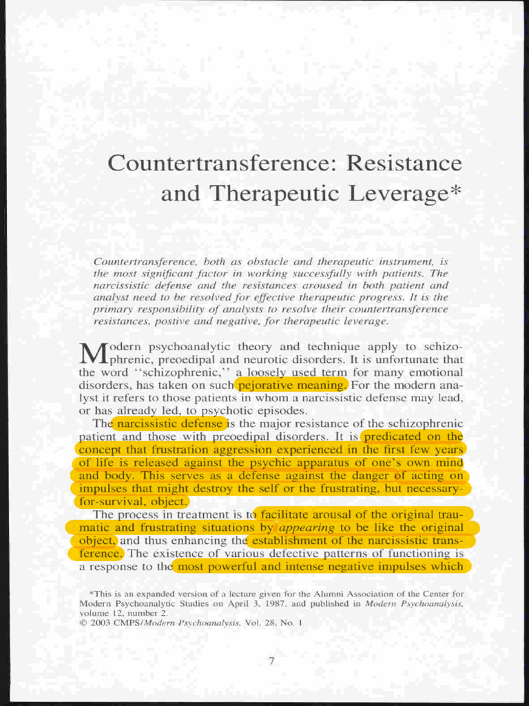Countertransference. Resistance and Therapeutic Leverage | PDF