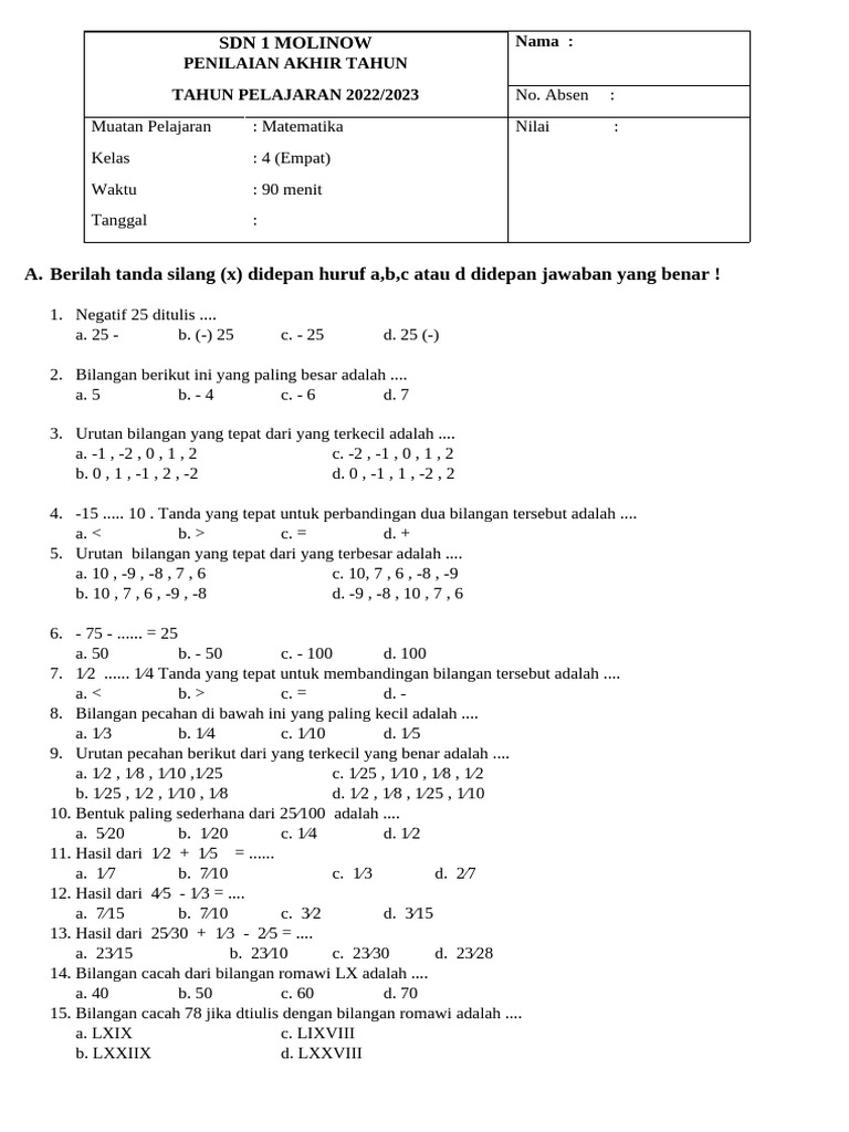 Soal Pas MTK KLS 4 Sem 2 | PDF