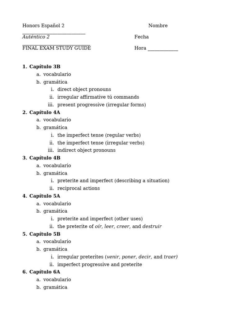 Guía de Estudio para Examen Final Español 2 | PDF