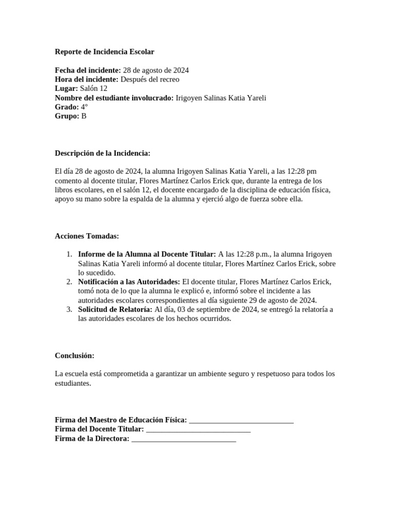 Reporte de Incidencia Escolar | PDF