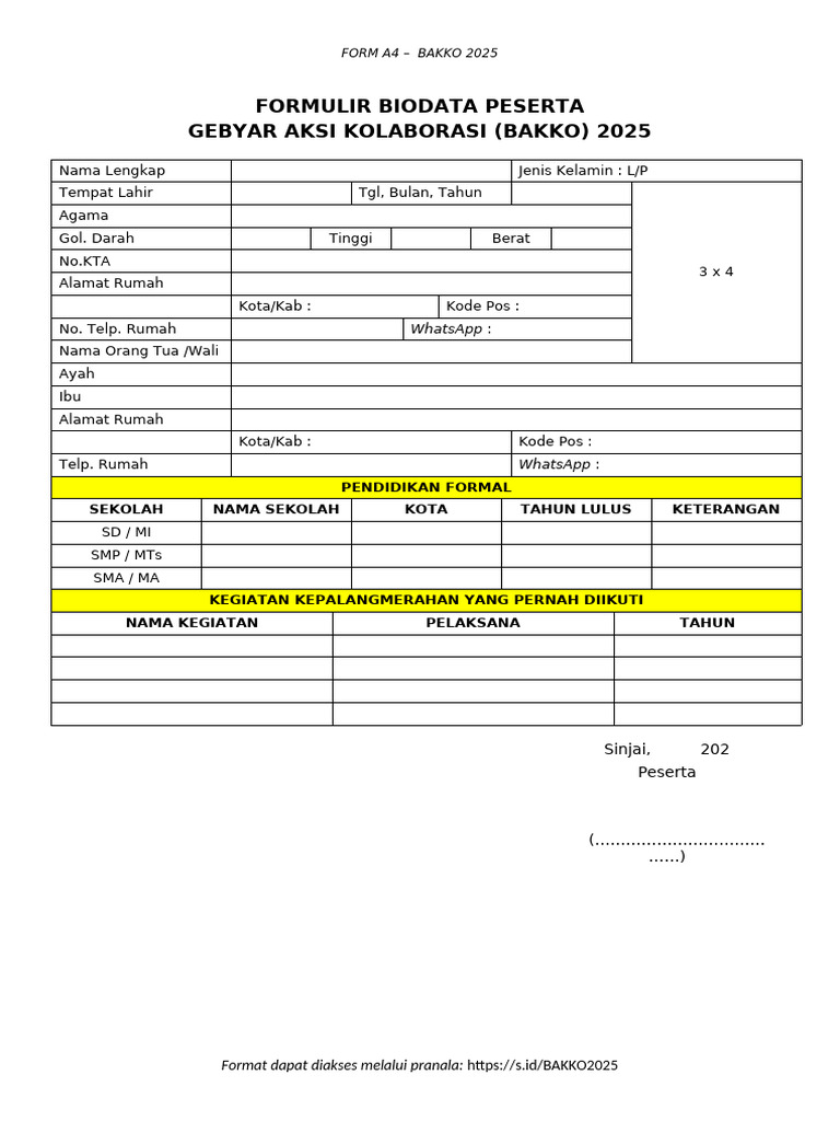 Form A4-FORMULIR BIODATA PESERTA | PDF