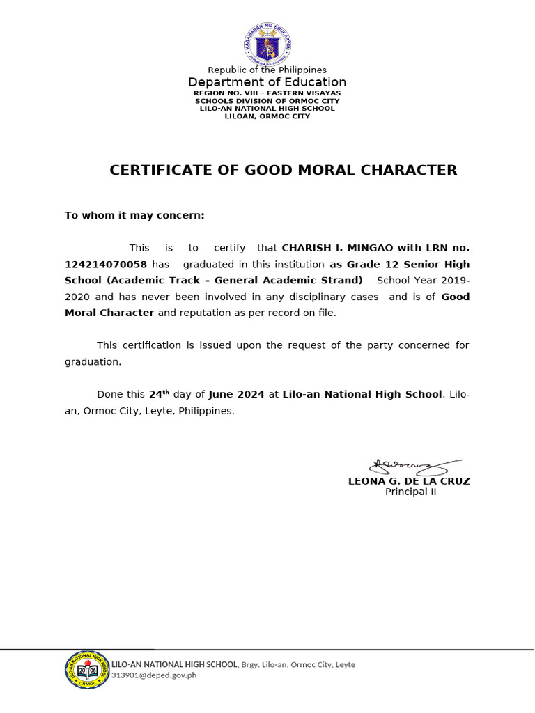 Certificate of Good Moral Character | PDF