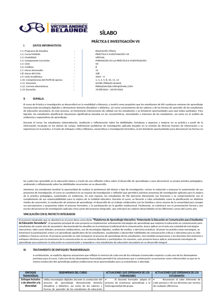 Silabo de Practica e Investigacion Vii | PDF | Evaluación | Aprendizaje