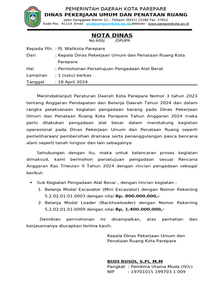 Permohonan Pengadaan Alat Berat DPUPR | PDF