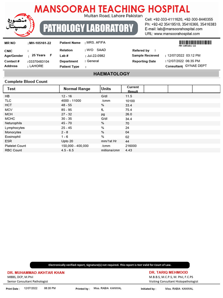 Haematology: Units Normal Range Test Complete Blood Count | PDF ...
