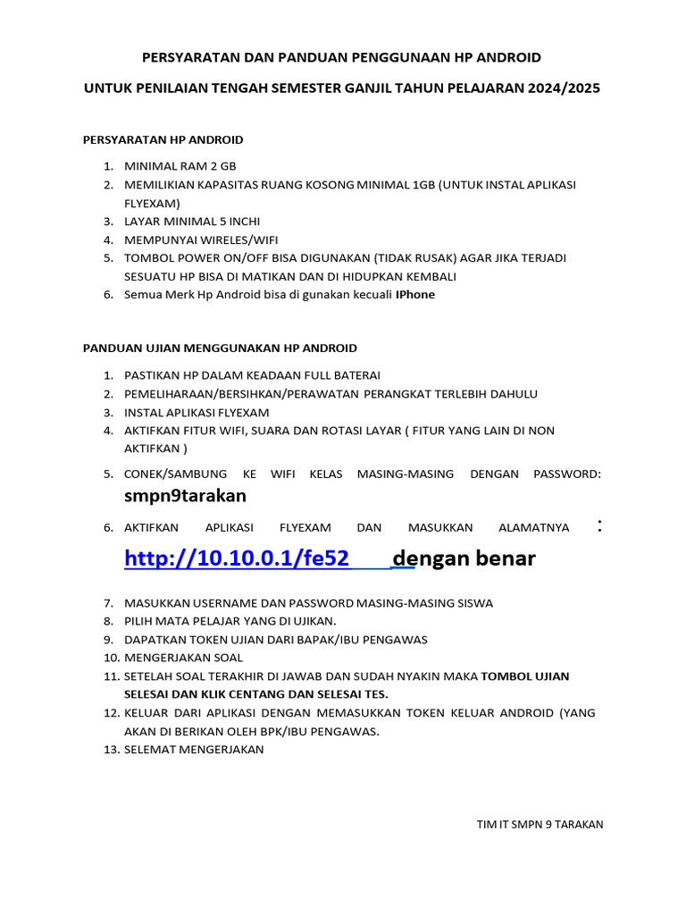 Persyaratan Dan Panduan Penggunaan HP Android PTS Ganjil 2024 | PDF
