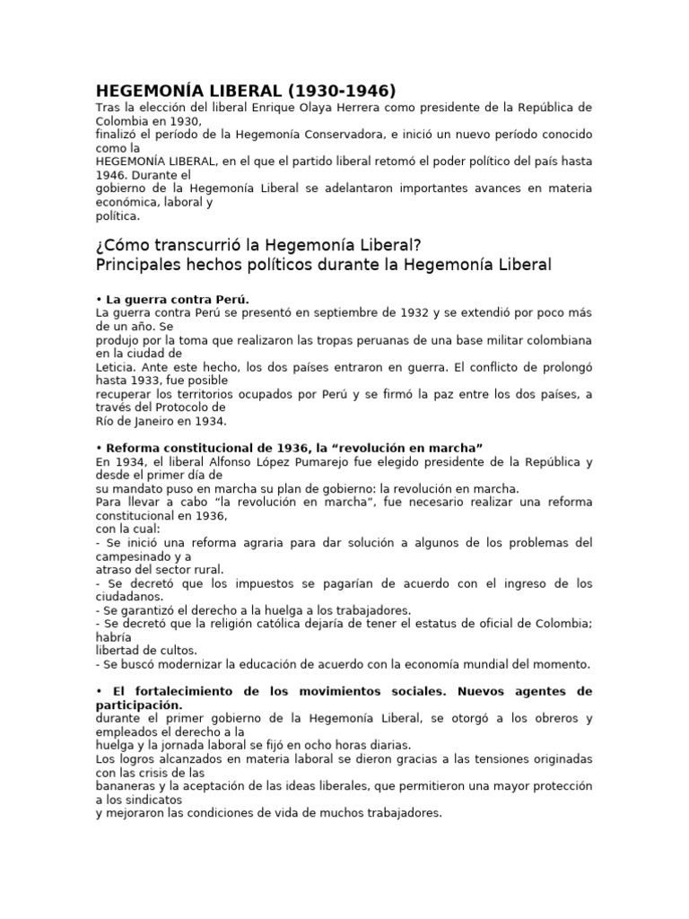 Hegemonía Liberal en Colombia (1930-1946) | PDF