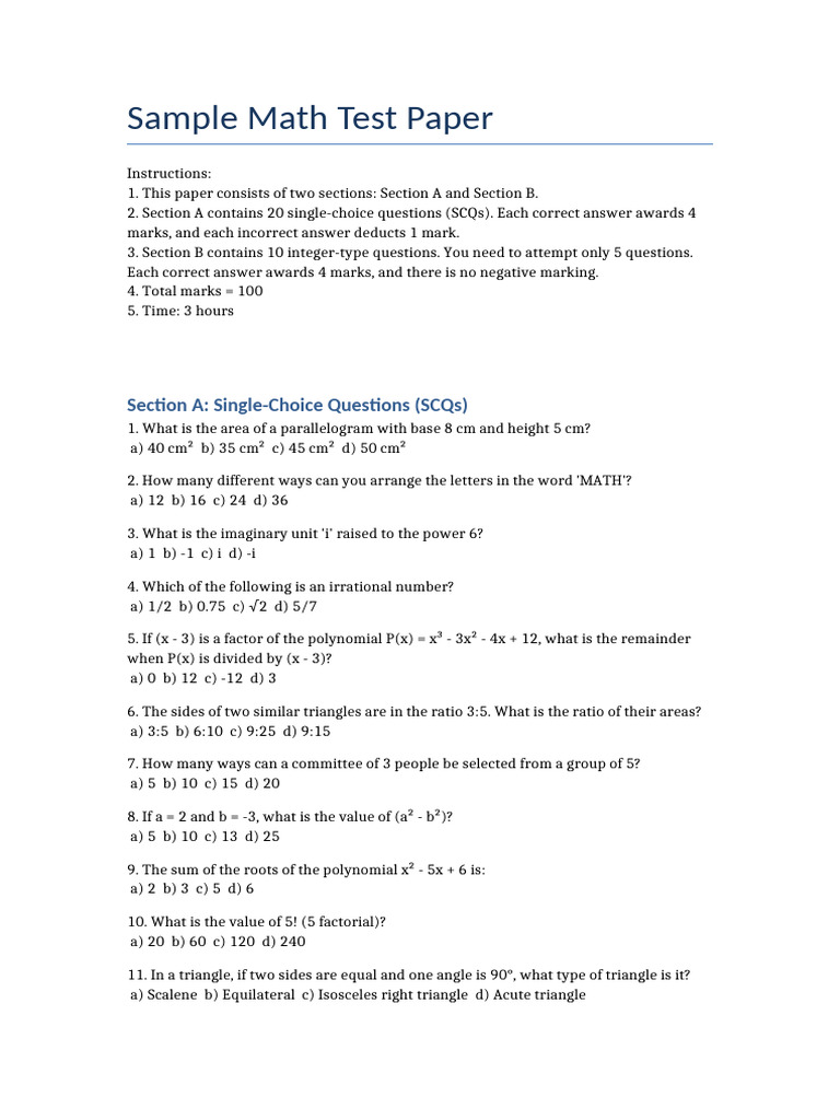 Sample_Math_Test_Paper | PDF | Triangle | Euclidean Geometry
