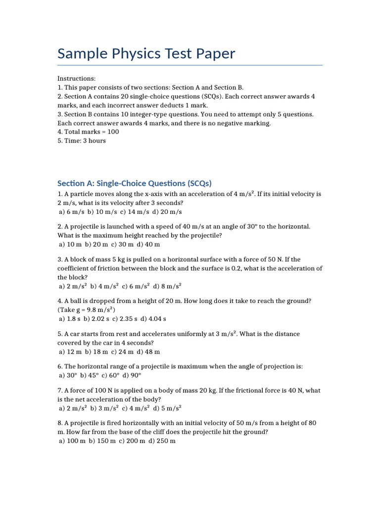 Sample Physics Test Paper | PDF | Force | Mass