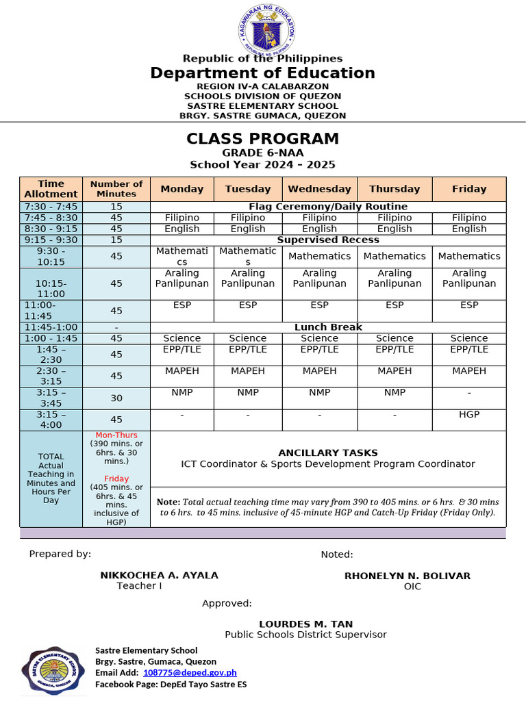 CHEA GRADE 6 MATATAG Class Program | PDF | Social Institutions | Philippines