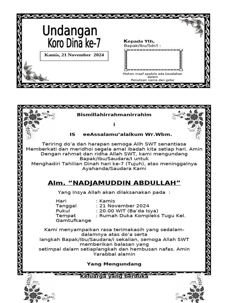 Undangan Tahlilan Alm. Nadjamuddin Abdullah | PDF