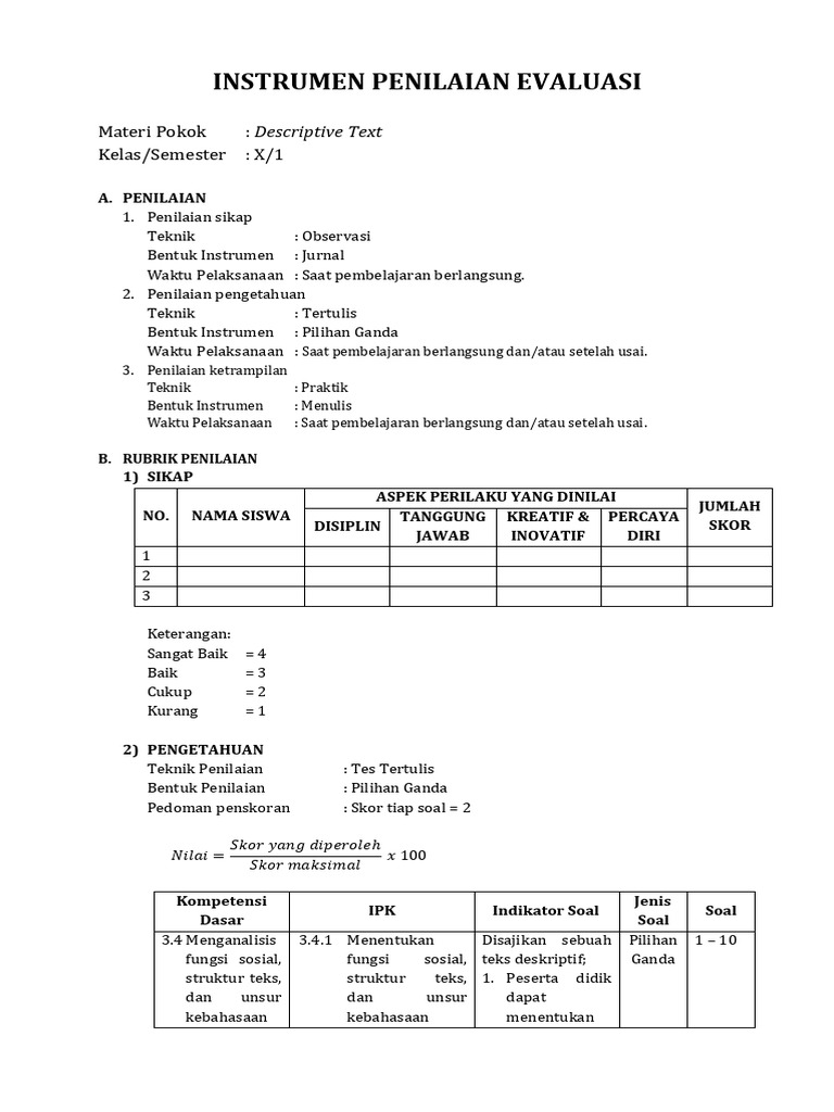 Instrumen Penilaian Evaluasi 3.4 Descriptive Text - Shinta Sulastuti Putri - Pbi - 20 | PDF ...
