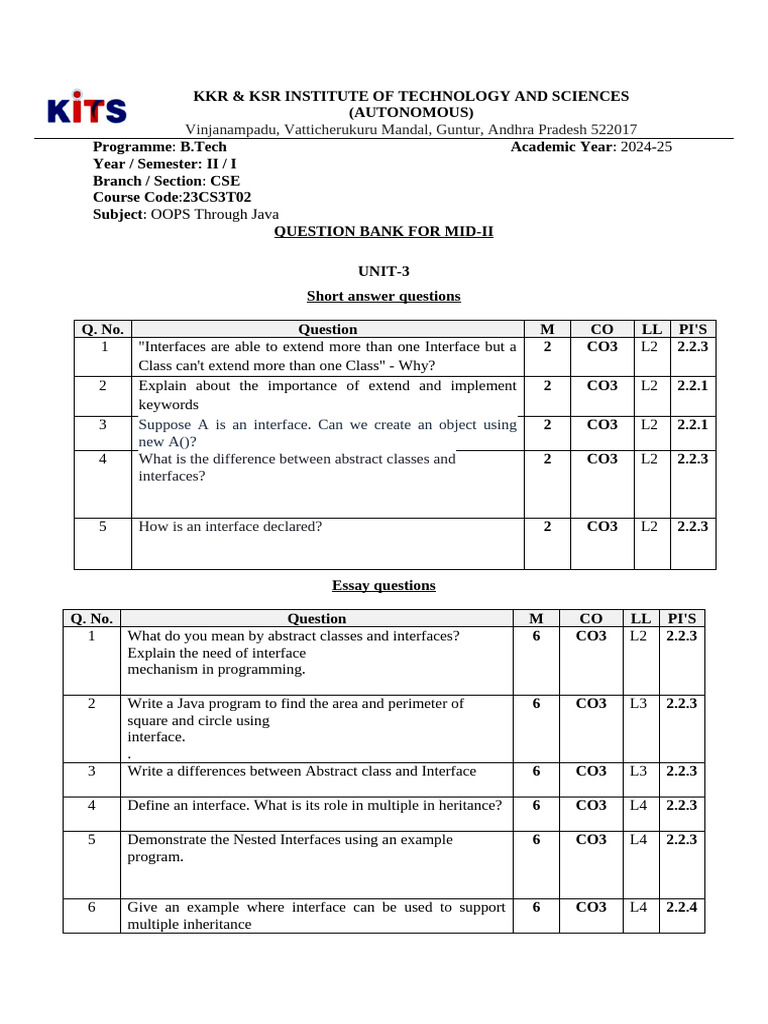 II B.Tech Java Mid Paper-2 | PDF | String (Computer Science) | Class (Computer Programming)