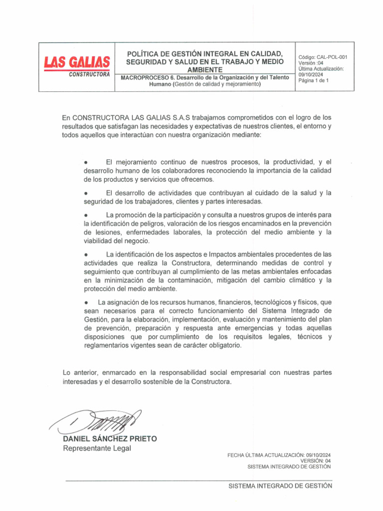 CAL-POL-001 Política Sistema Integrado de Gestión (SIG) | PDF