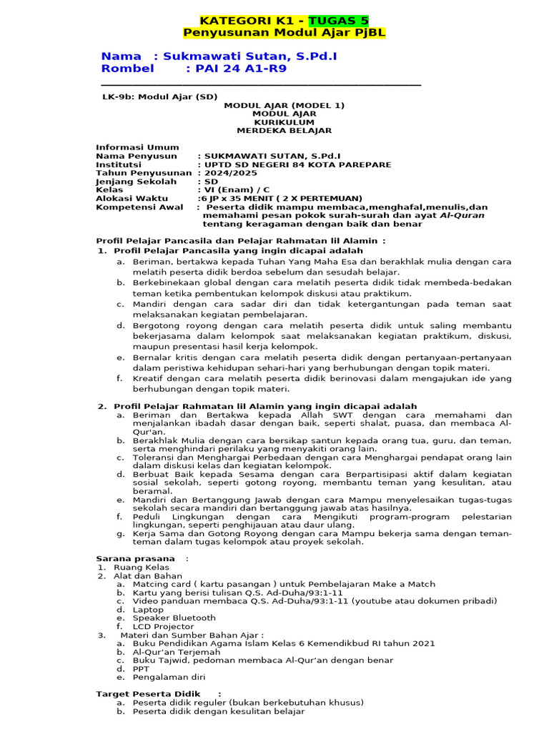 TUGAS 5 (Penyusunan Modul Ajar PBL) | PDF | Karier & Perkembangan | Seni & Disiplin Bahasa