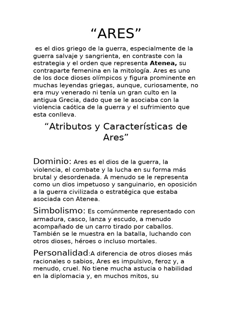 Ares: Dios Griego de la Guerra Caótica | PDF | Doce olímpicos | Atenea