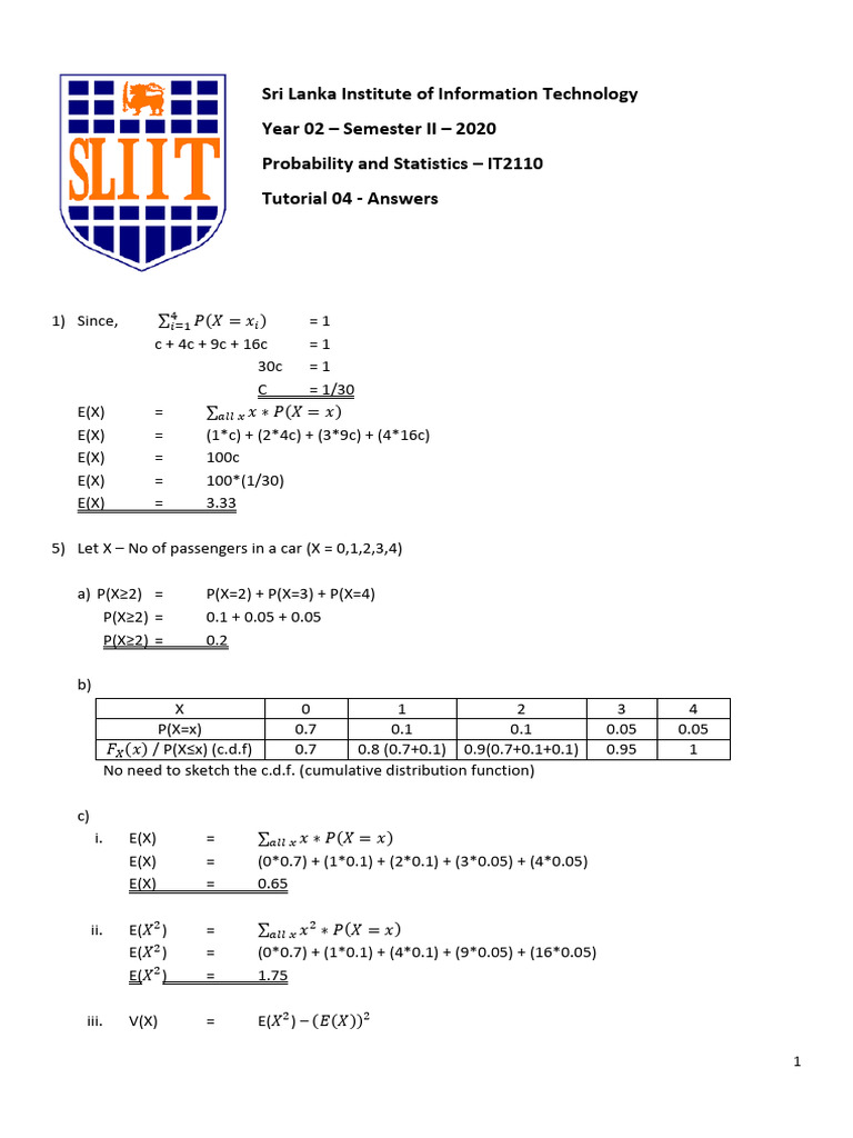 IT2110 - Tutorial 04 - Answers | PDF | Variance | Mathematics