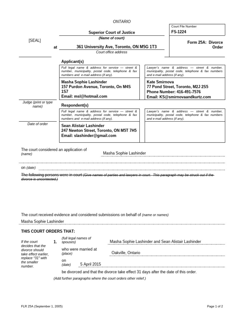 Ontario Form 25A Divorce Order | PDF | Justice | Crime & Violence