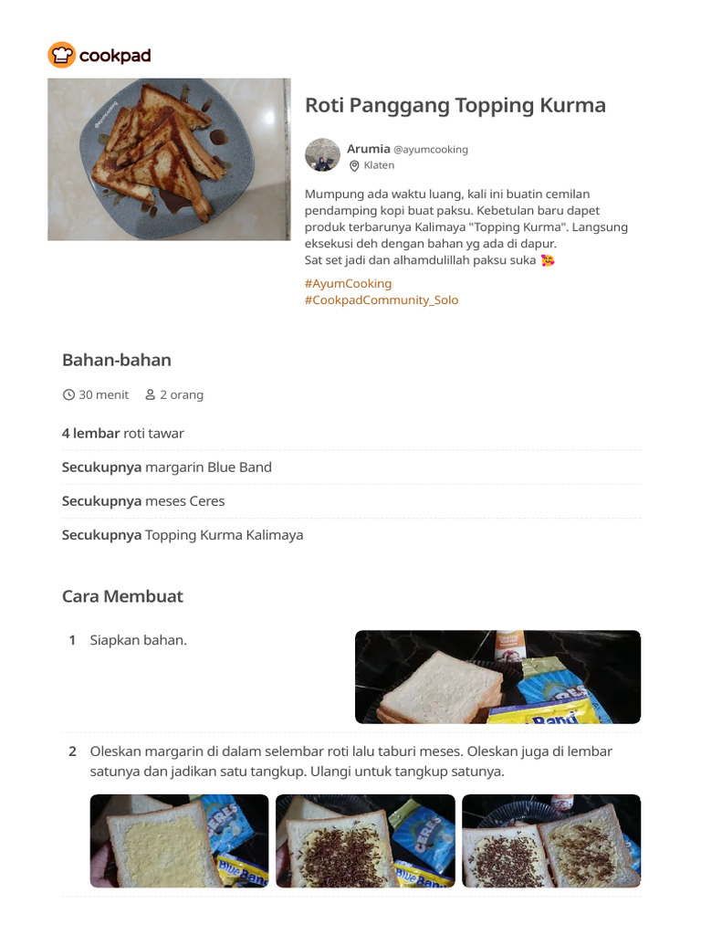 Resep Roti Panggang Topping Kurma Oleh Arumia - Cookpad | PDF