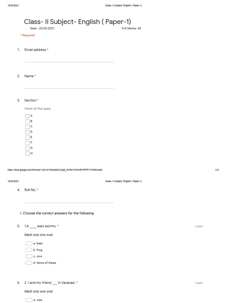 Class 2 English Exam Paper 2021 | PDF | Linguistics