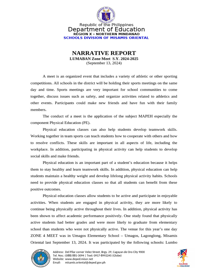 Edwin - Zone Meet Narrative Report | PDF | Physical Education