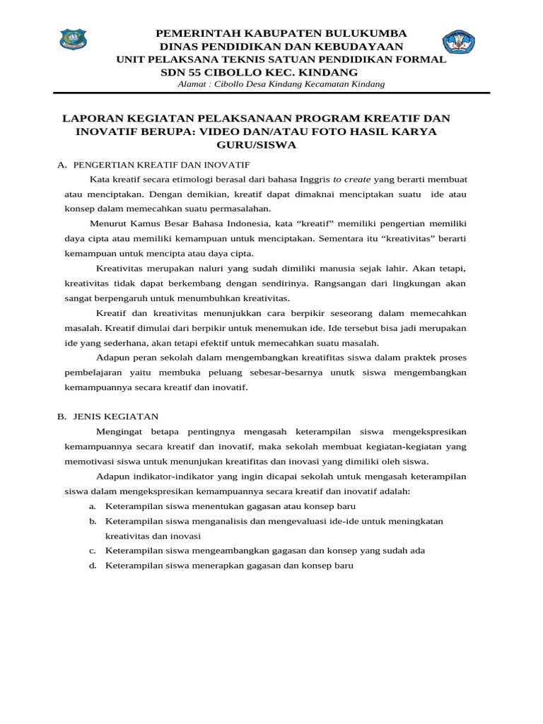 Dokumen Laporan Kegiatan Program Kreatif Dan Inovatif | PDF